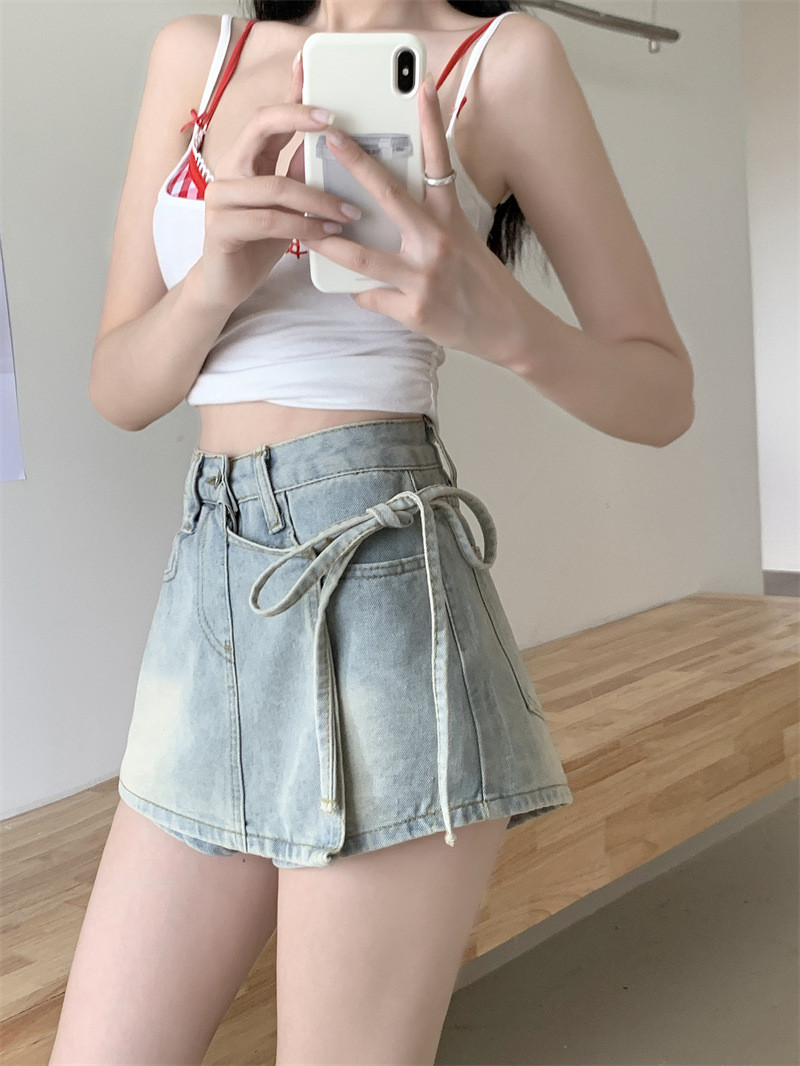S-6XL Denim Skort High Waist Drawstring A-Line Mini Skirt with Short ...