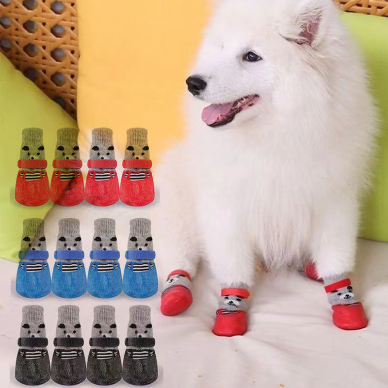 ∝∞ 4Pcs/Set Cute Cotton Dog Shoes Waterproof Non-Slip Rubber Cats Dogs ...