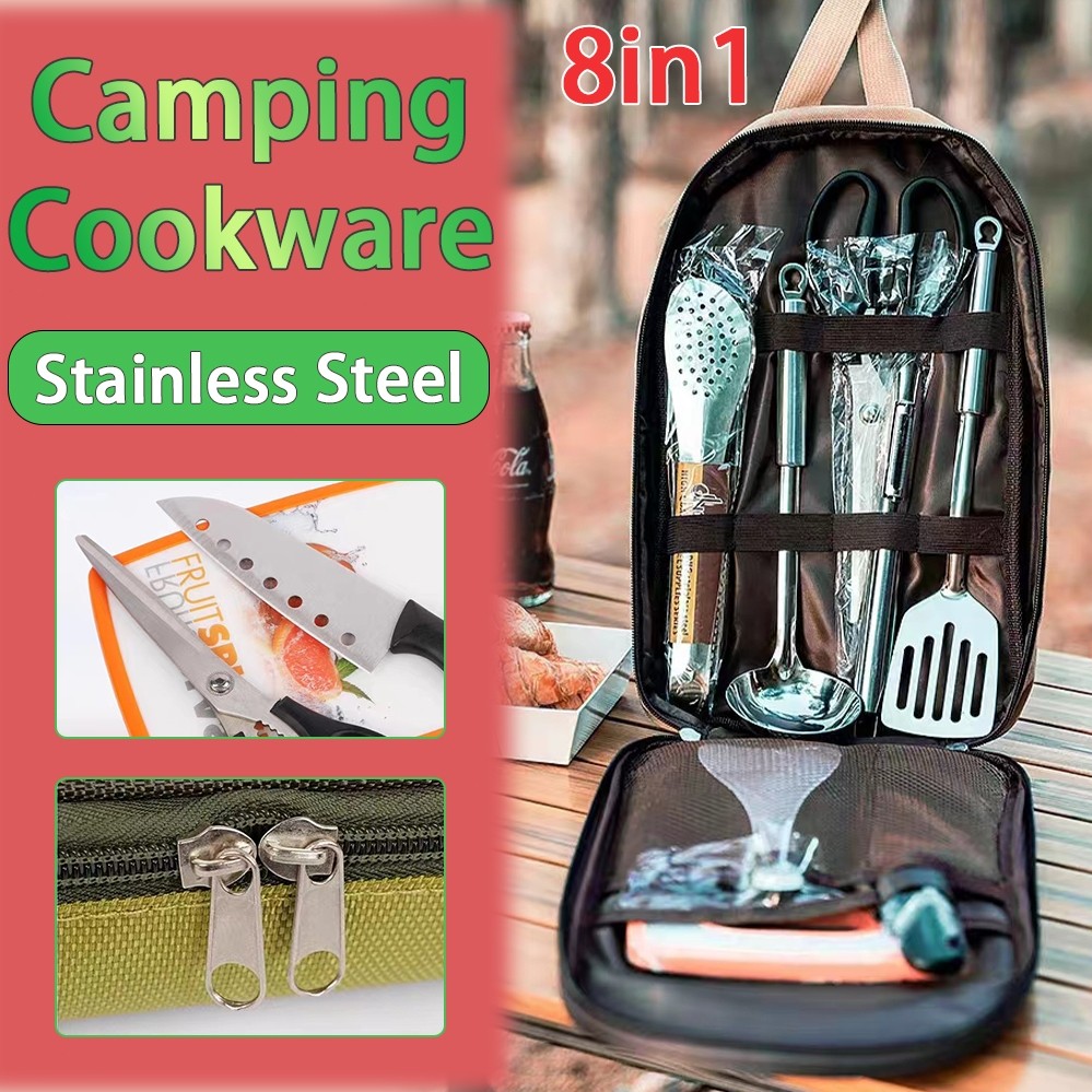 8PCS Outdoor Cooking Kitchen Utensils Stainless Steel Portable Camping ...