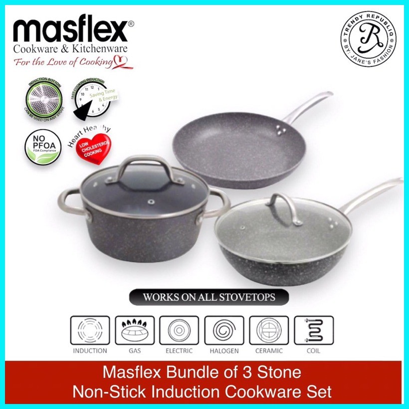 Masflex Original Bundle of 3 Stone Forged Induction Non-Stick Cookware ...