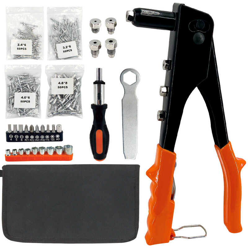 Hand Riveter Pop Rivet Gun Riveting Tool Set 200 Metal Blind Rivets Mud ...