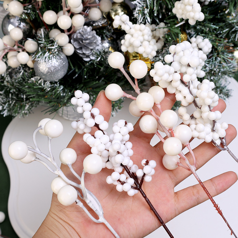 20Pcs Artificial White Berries Stems - Christmas Berry Branches Fake ...