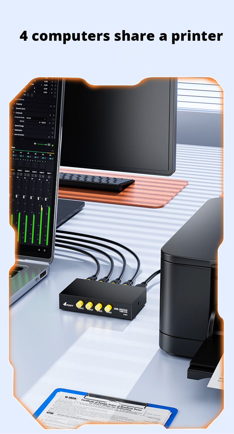 USB Print Sharer Switch 4 In 1 Out USB Auto Printer Sharer Splitter For ...