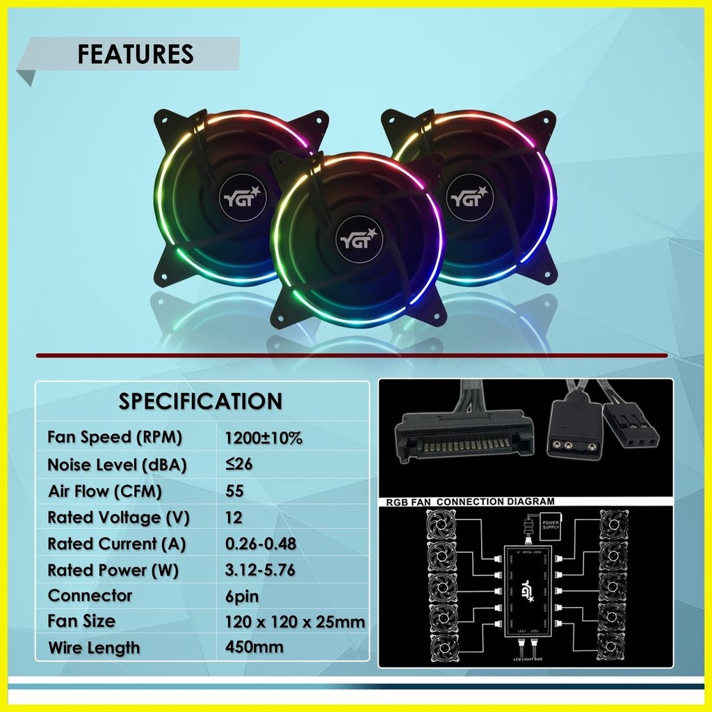 ♂ ARGB LED FAN X3 1250 YGT BRAND with LED STRIP with SOUND AND REMOTE ...