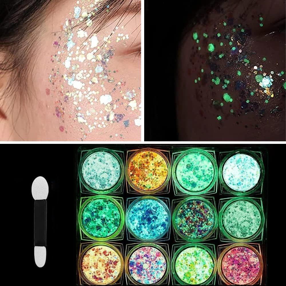 12pcs Face Glitter Makeup Glow in The Dark Body Glitter Gel UV Luminous ...