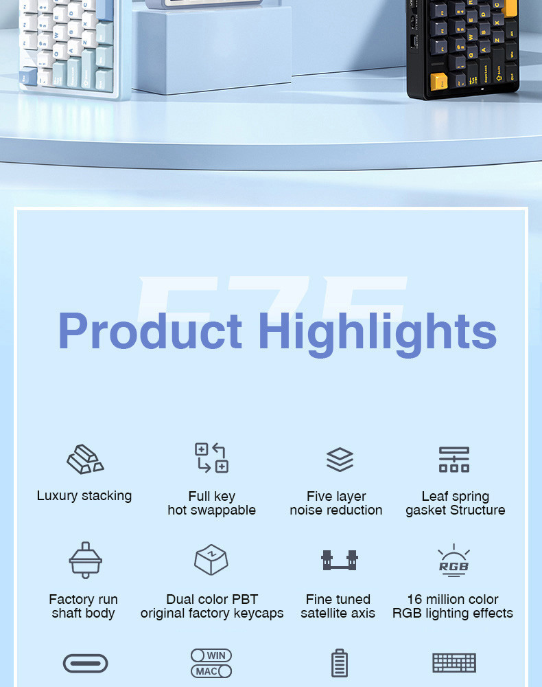 Aula F75 Gaming Mechanical Keyboard 3in1 75% 80 Key RGB Tri-Mode Wired ...