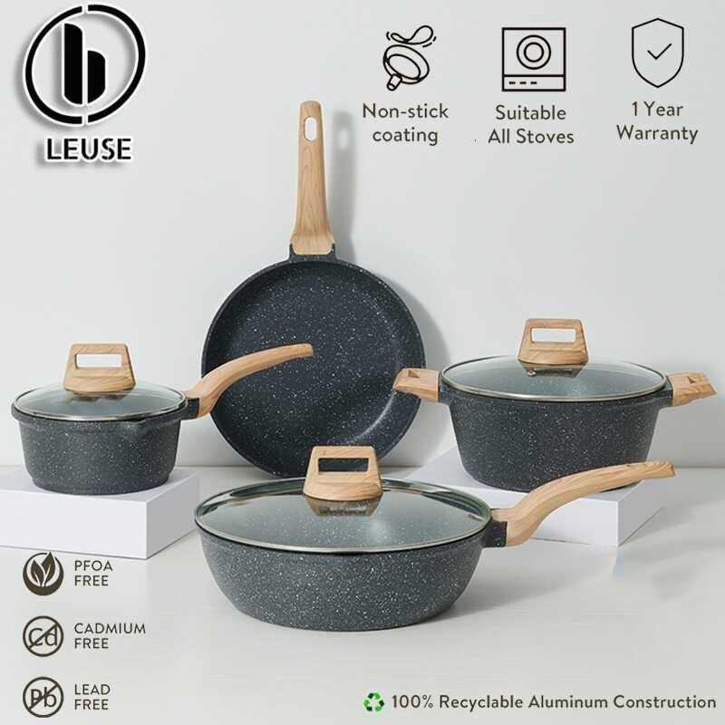 Nonstick LEUSE Pan Kitchen Cookware Set 4 Pieces Wok One Piece Die Cast ...