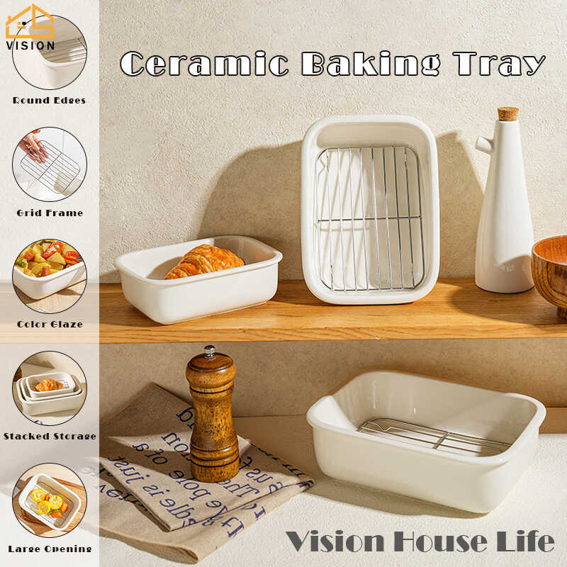 640Ml/1000Ml/1500Ml Vision Ceramic Pan Rectangular Oil Draining Mesh ...