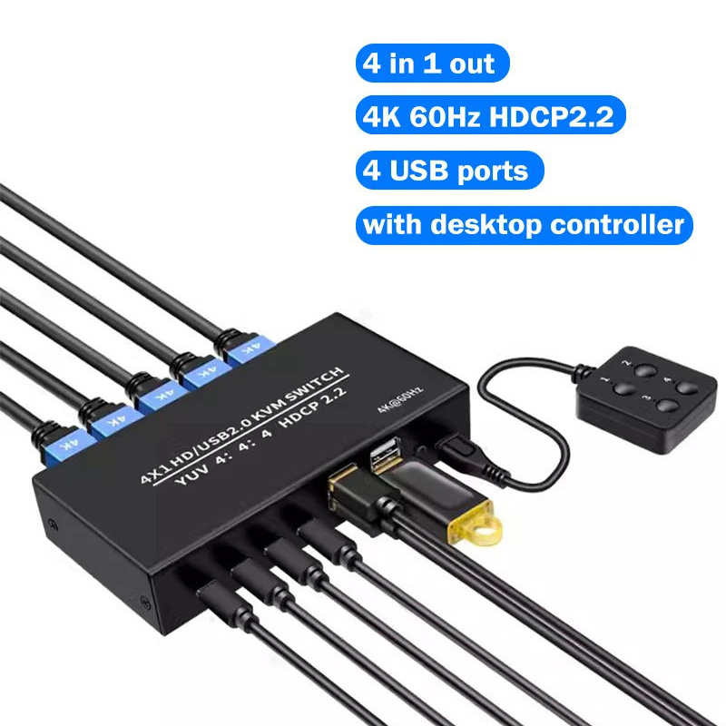 4 port HDMI KVM Switch 4 in 1 out 4K 60Hz HDMI USB Switch Selector with ...