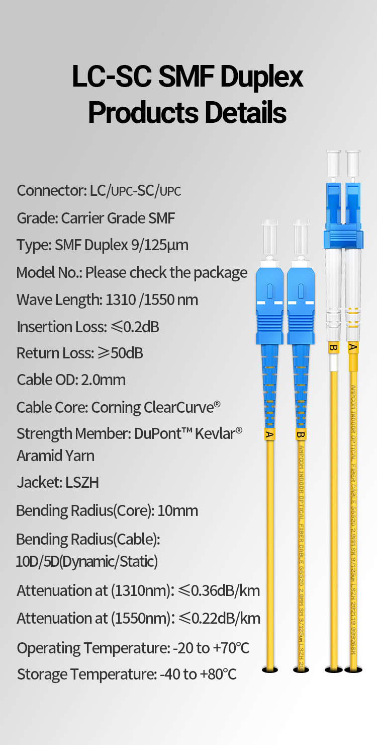 AMPCOM LC to SC UPC Fiber Optical Patch Cable Singlemode Duplex SMF 9 ...