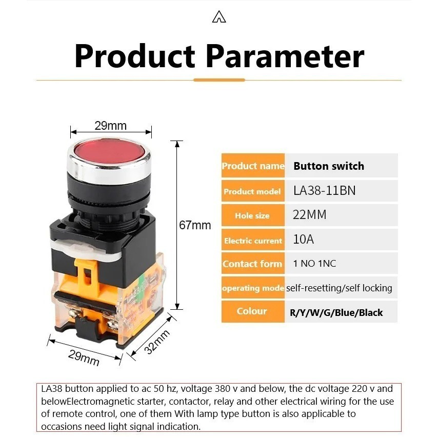 LA38-11BN Press Type Power Switch Push Button Switch 22MM Self-Locking Self-Resetting Start-Stop ...