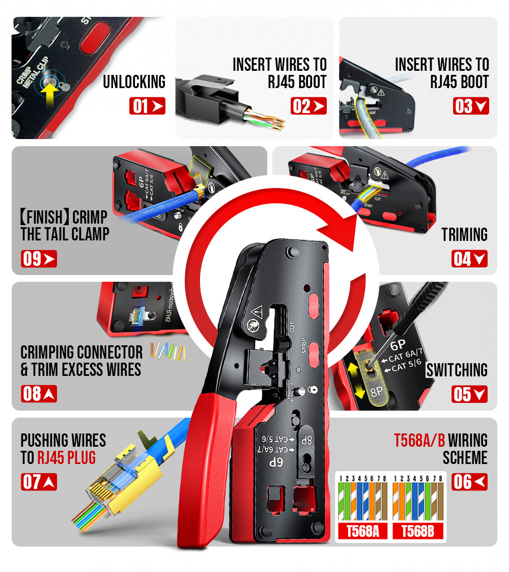AMPCOM Cat 7 Network Crimping Tool CRIMP/CUT/TRIM/STRIP 4-IN-1 Works ...