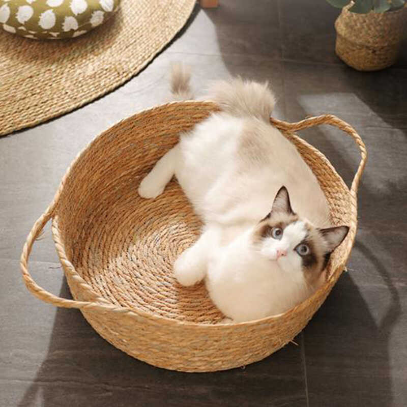 Hand Litter Woven Rattan Scratching Mat Round Cat Summer Cool Basket ...