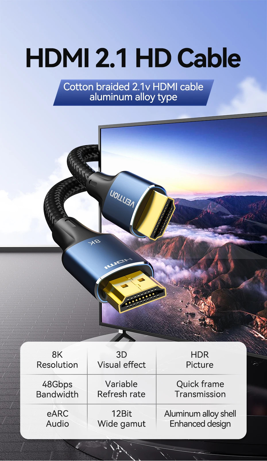 Vention 8K HDMI 2.1 Cable 4K 120Hz 48Gbps for USB C HUB PS5 TV Box ...