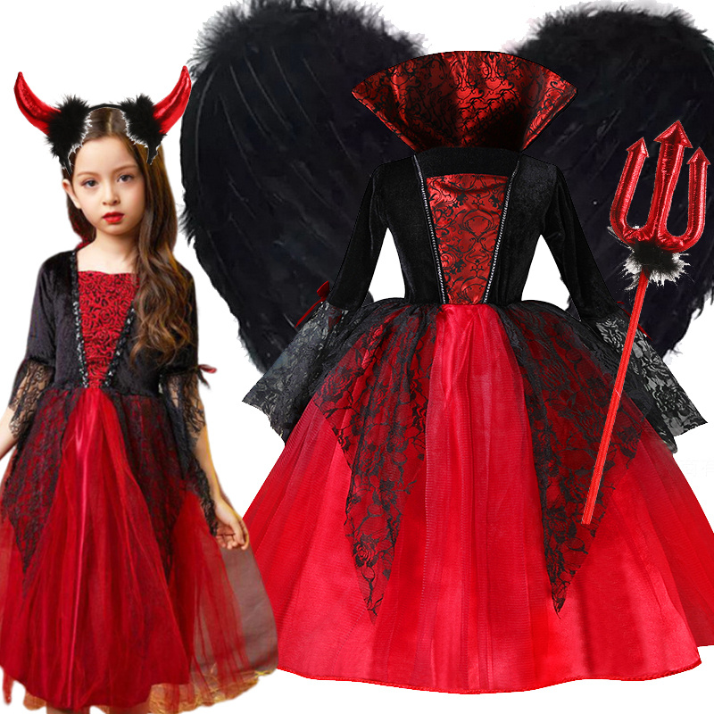 ♀ Cosplay Halloween Red Black Ghost Bride Girls Tulle Sleeve Dress Kids ...