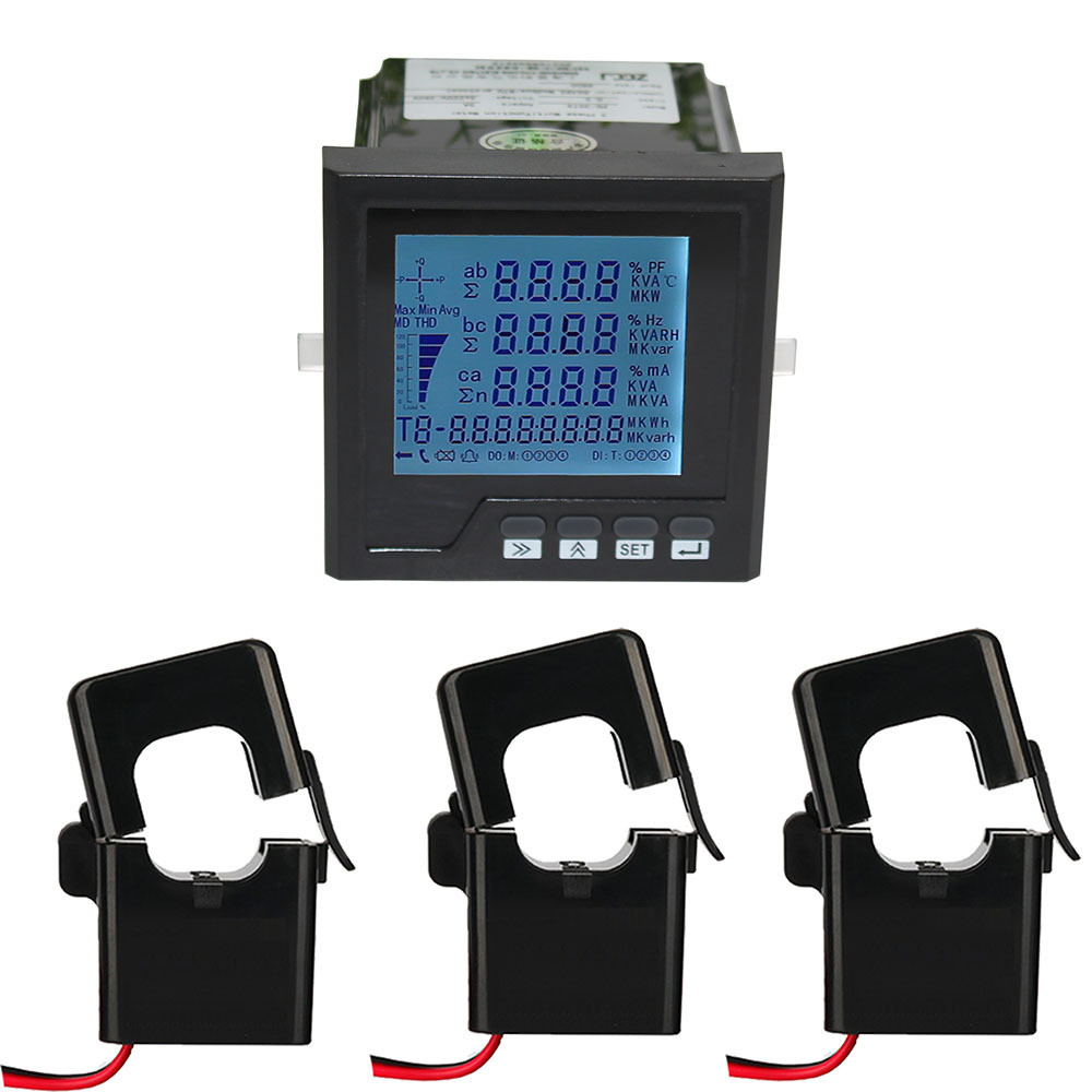 3 phase electricity meter with ampere sensor coil LCD A,V,W,kWh,cos, Hz ...