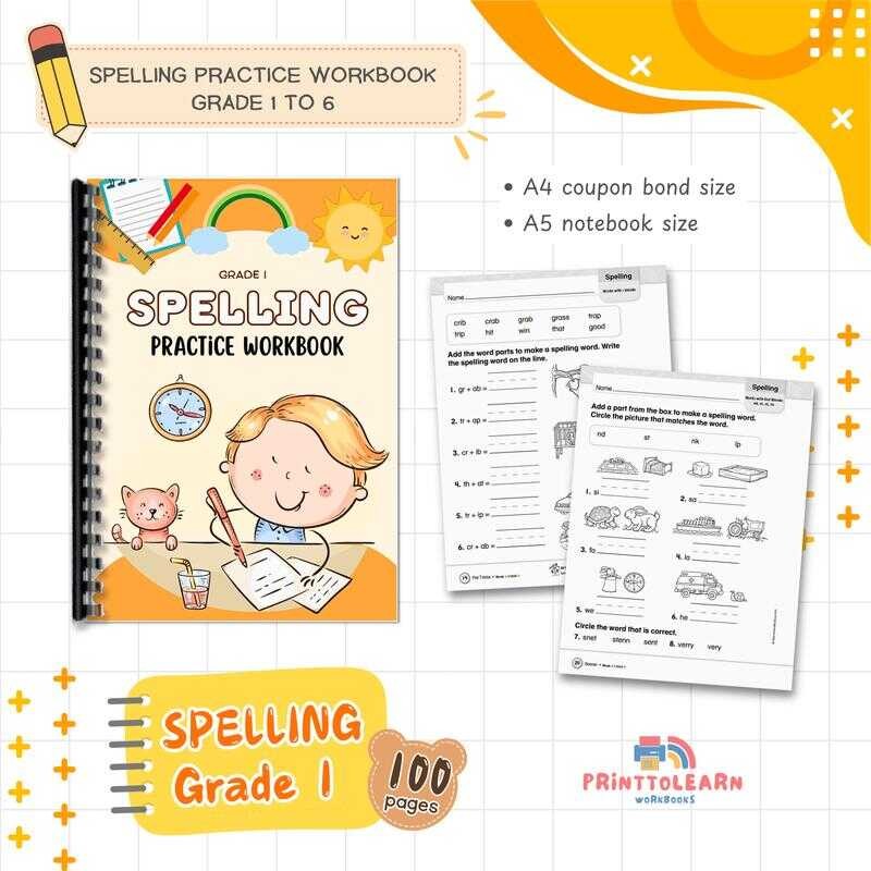100 Pages SPELLING Practice Workbook Grade 1 To 6 -Black And White Only ...