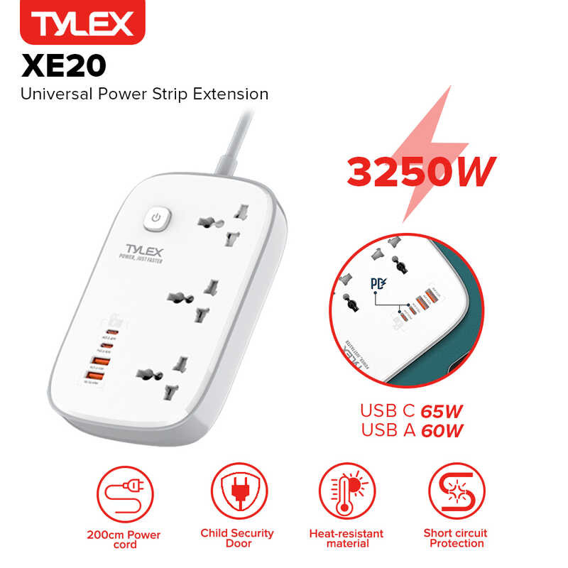 TYLEX Xe20 Universal Strip 3250W Super Power Socket With USB C Fast ...