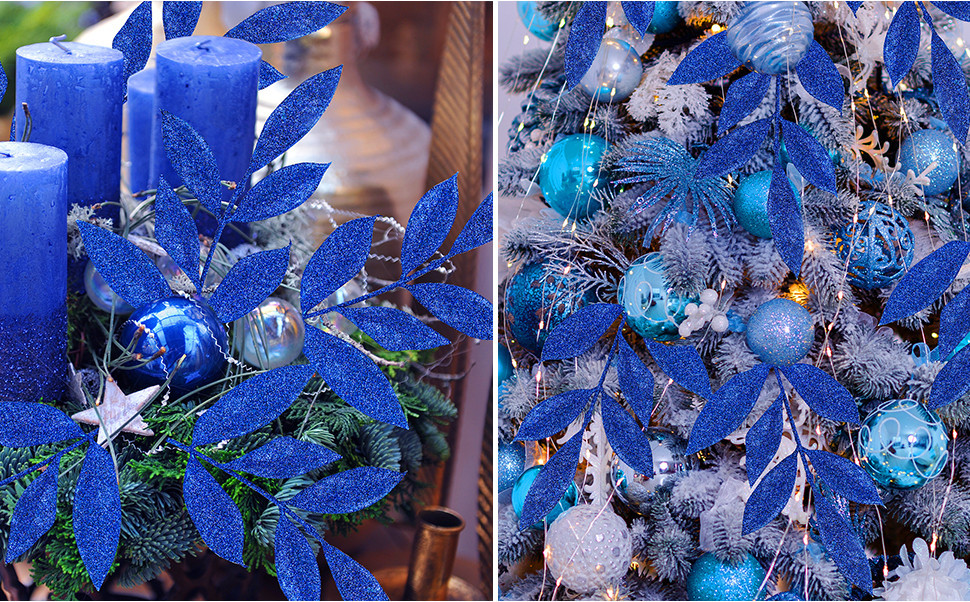 13" Blue Glitter Leaf Artificial Christmas Tree Picks Sprays all for ...