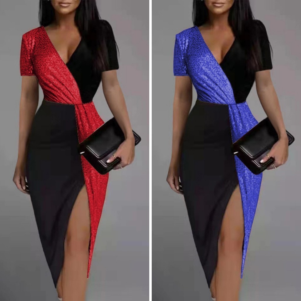 [Ship From Manila+COD] V Neck Color Block Party Dress for Women 2026 ...