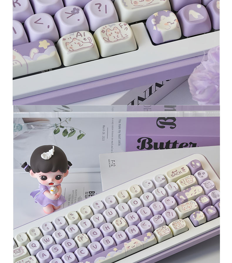 Taro Mud Kitten Theme Keycaps MOA Profile Customization PBT Purple Key ...