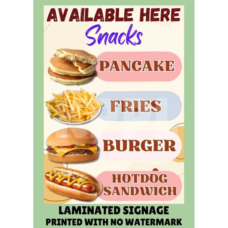 HIGH QUALITY LAMINATED SIGNAGE "Available HERE Snacks'' | Shopee ...