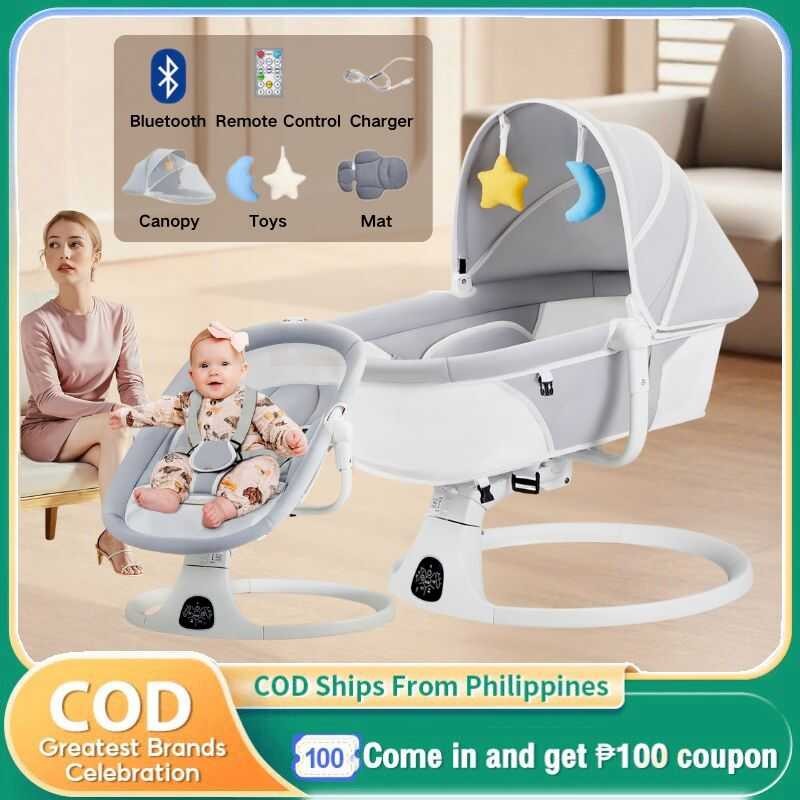 Baby Electric Rocking Crib Adjustable 360°Cradle Soothing Newborn Music ...