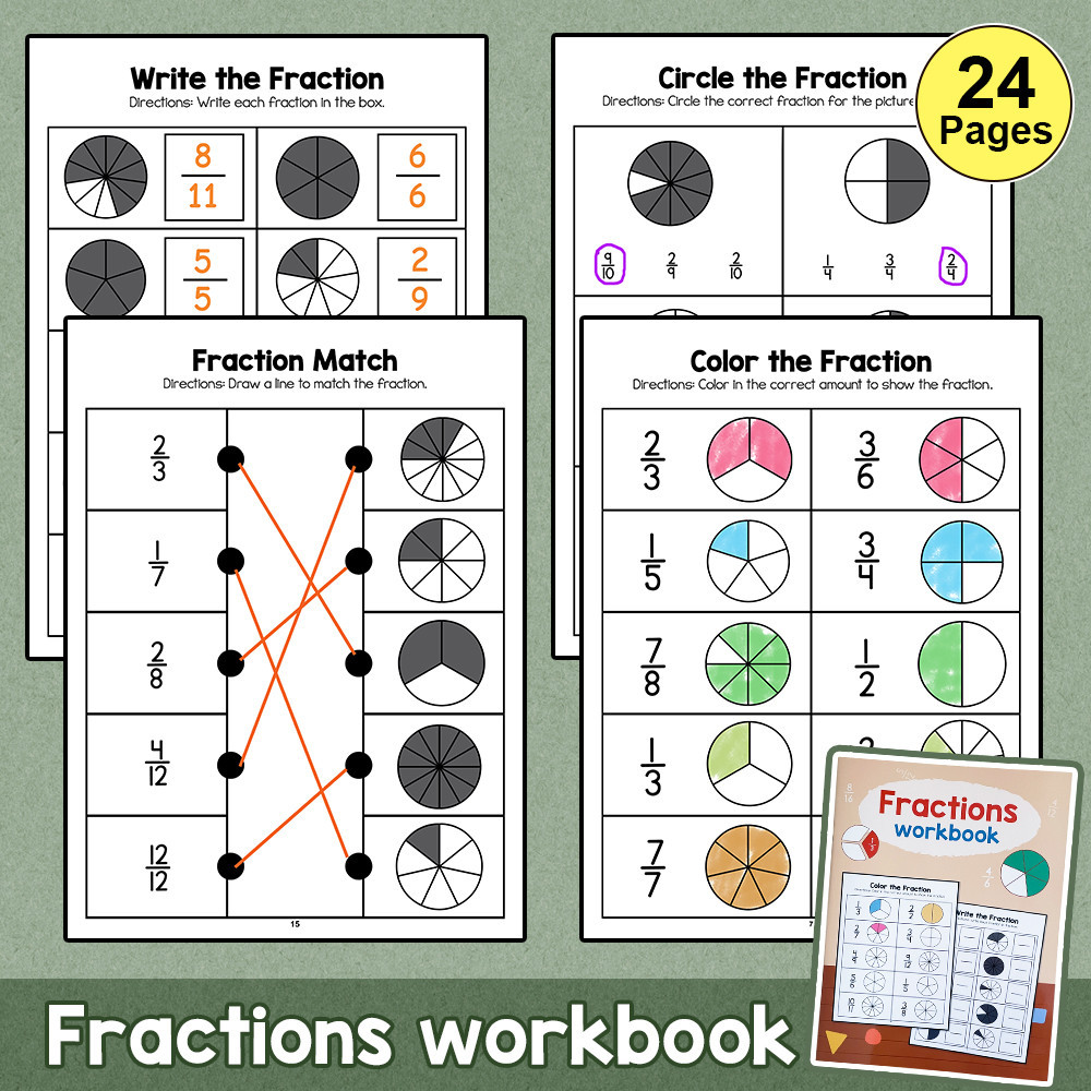 24 Pages Fractions Workbook Kid Daily Practice Math Fraction Exercise ...