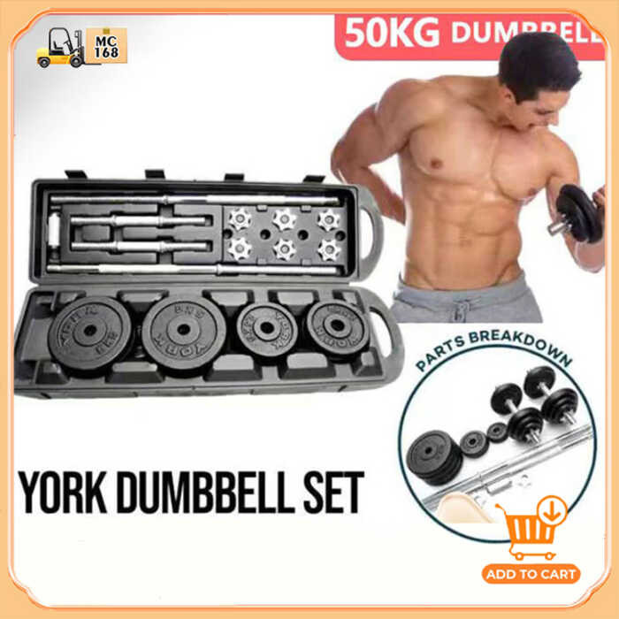 Cast Iron York Dumbbell Barbell Set 20/30/50 Kg W/ Long Bar At Plastic Case Packaging | Shopee ...
