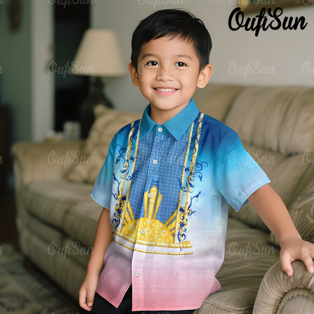 Filipino Children Barong Tagalog Blue - Pink Gradient Shirt Gold - Blue ...