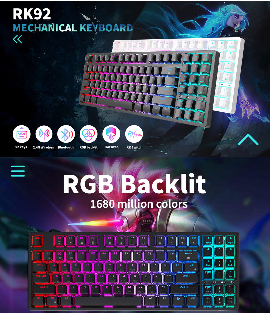 Royal Kludge RK92 Wireless Bluetooth 92 Key Three Mode Hotswap RGB ...