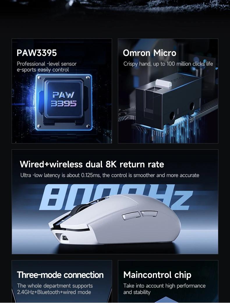 MCHOSE G3 Mouse 3mode Bluetooth Wired 2.4g PAW3395 Lightweight Design Ultra Long Battery Life ...