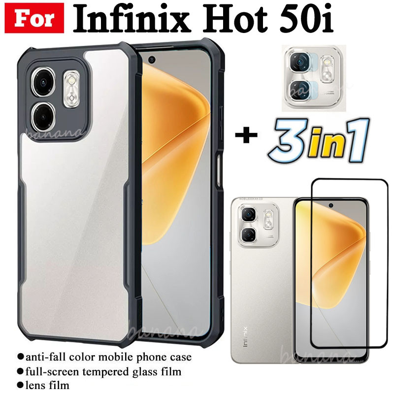 3 IN 1 Infinix Hot 50i Anti-fall Mobile Phone Case for Hot 50 4G 5G Hot50i Tempered Glass Film ...