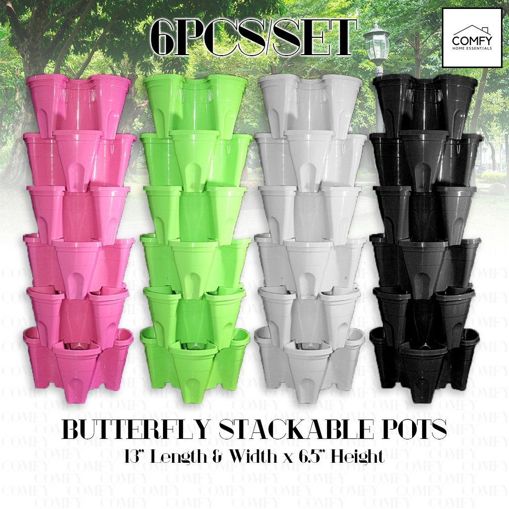 (6PCS/SET) 13 Inches Butterfly Stackable Tower Vertical Flower Pot For ...