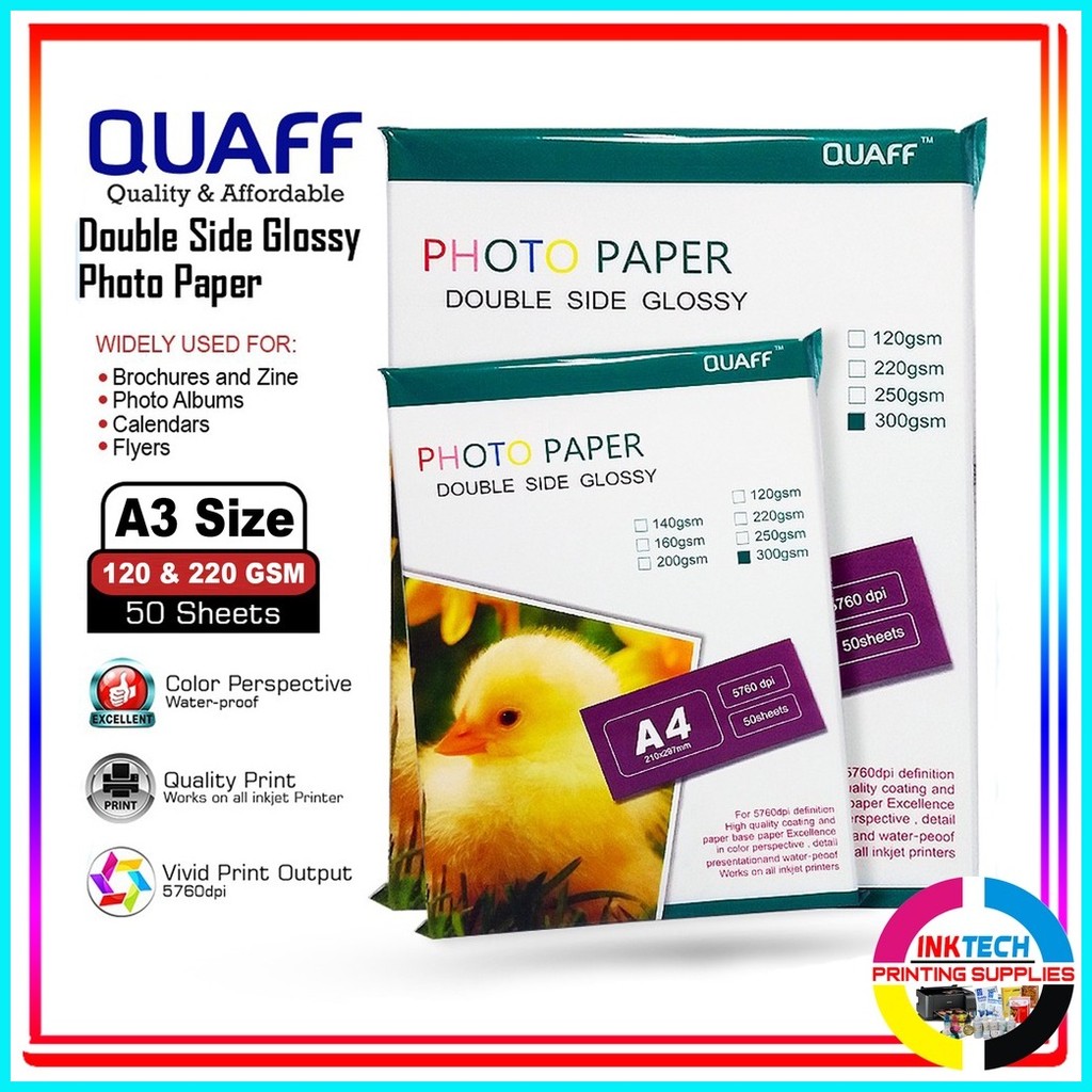 QUAFF 120 & 220gsm Double Sided A3 size Glossy Photo paper 50sheets ...