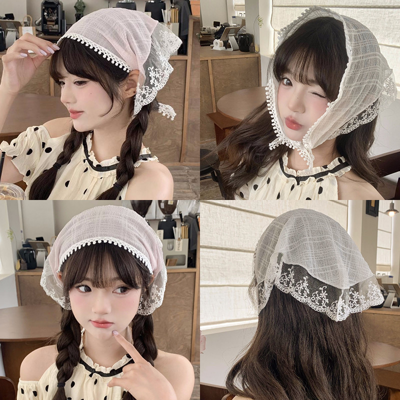 French Solid Color Lace Flower Headscarf Spring and Summer Travel ...