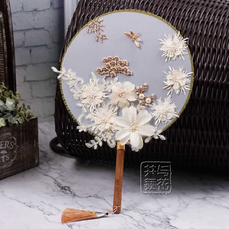 Fairy Hanfu Beige wer Lace Long Handle Palace Fan Bridal Handmade round ...