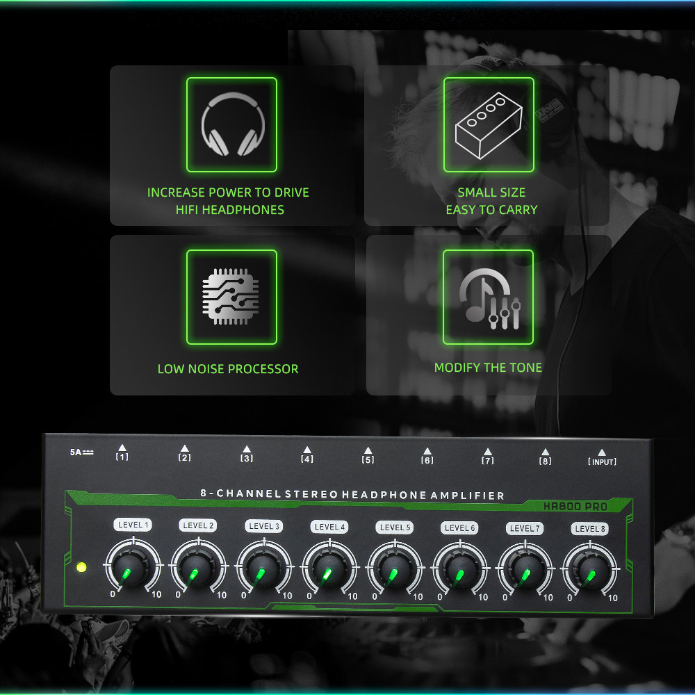 8 Channel Headphone Amplifier with RGB Light, 6.35mm Volume Control ...