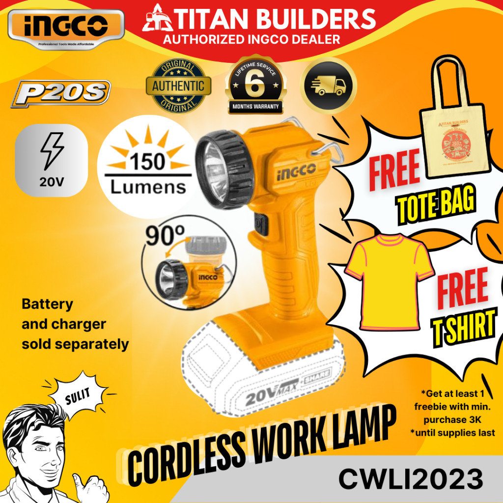 Ingco by Titan Cordless Work Lamp 20V, 150 Lumens - Bright & Portable ...