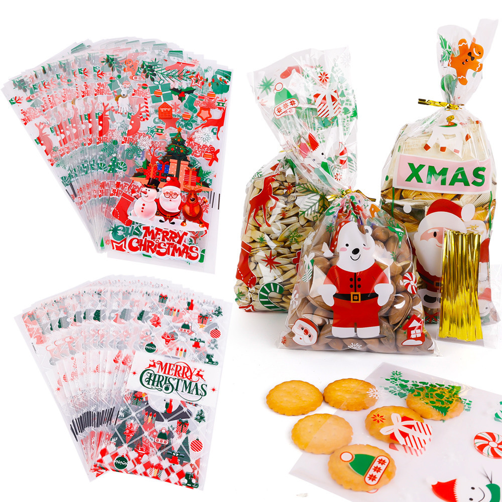 50Pcs Christmas Candy Bags Santa Claus Plastic Transparent Cookie ...