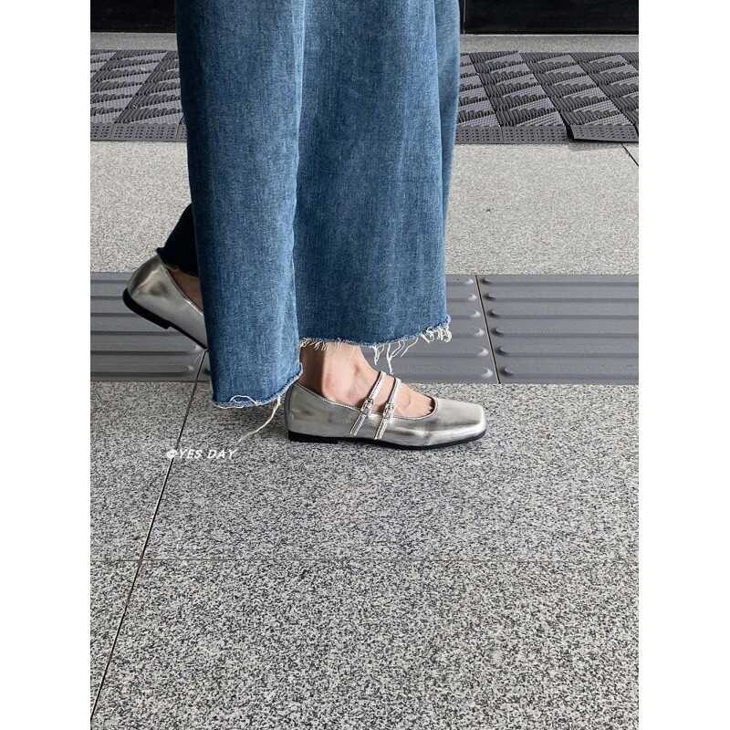 9F Silver French Square Toe Shallow Mouth Flat Sole Single Shoe For ...