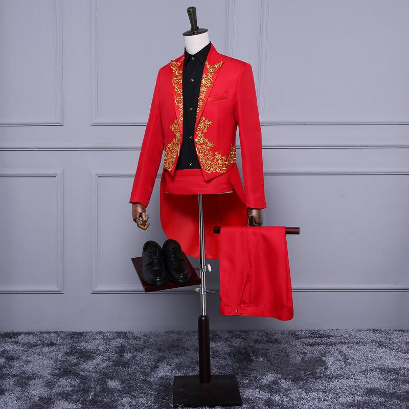 § Wedding Suit White Embroidery Tailcoat 2 Piece Jacket+Pants Set ...