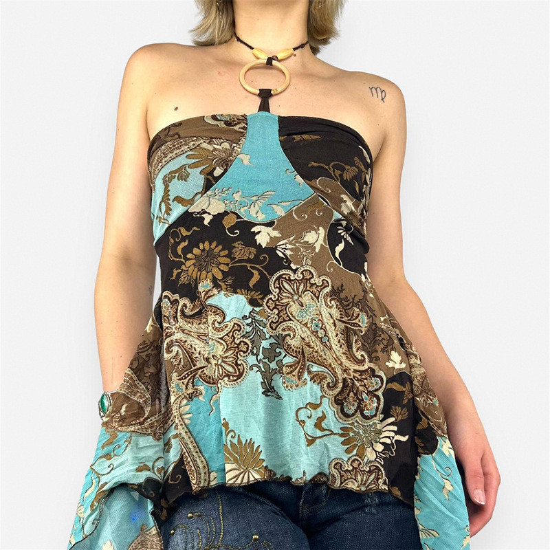 SweeticMe Women's 2024 New Fashion Retro Print Slim Fit Backless Halter ...