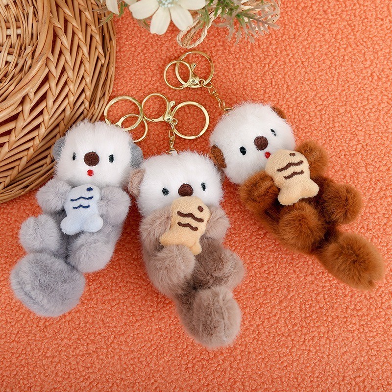 Cute Otters Holding Fish Plush Keychain Stylish Keyrings Lovely ...