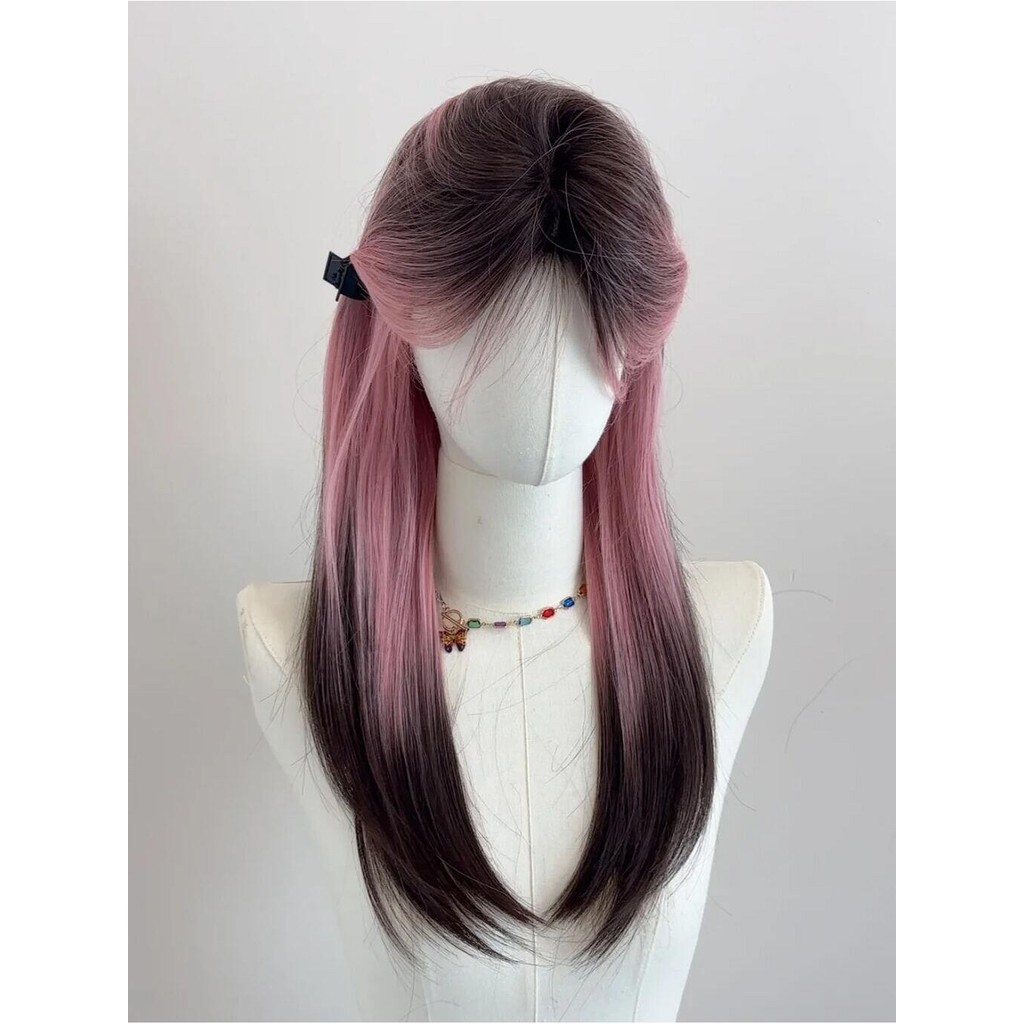 [Pink Siamese Cat] Wig Female With Medium Parted Long Hair Pink ...