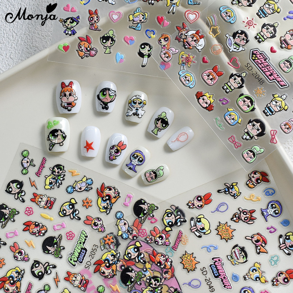 Monja 5D Nail Stickers Embossed Big Eyes Girl Nail Decals Relief ...