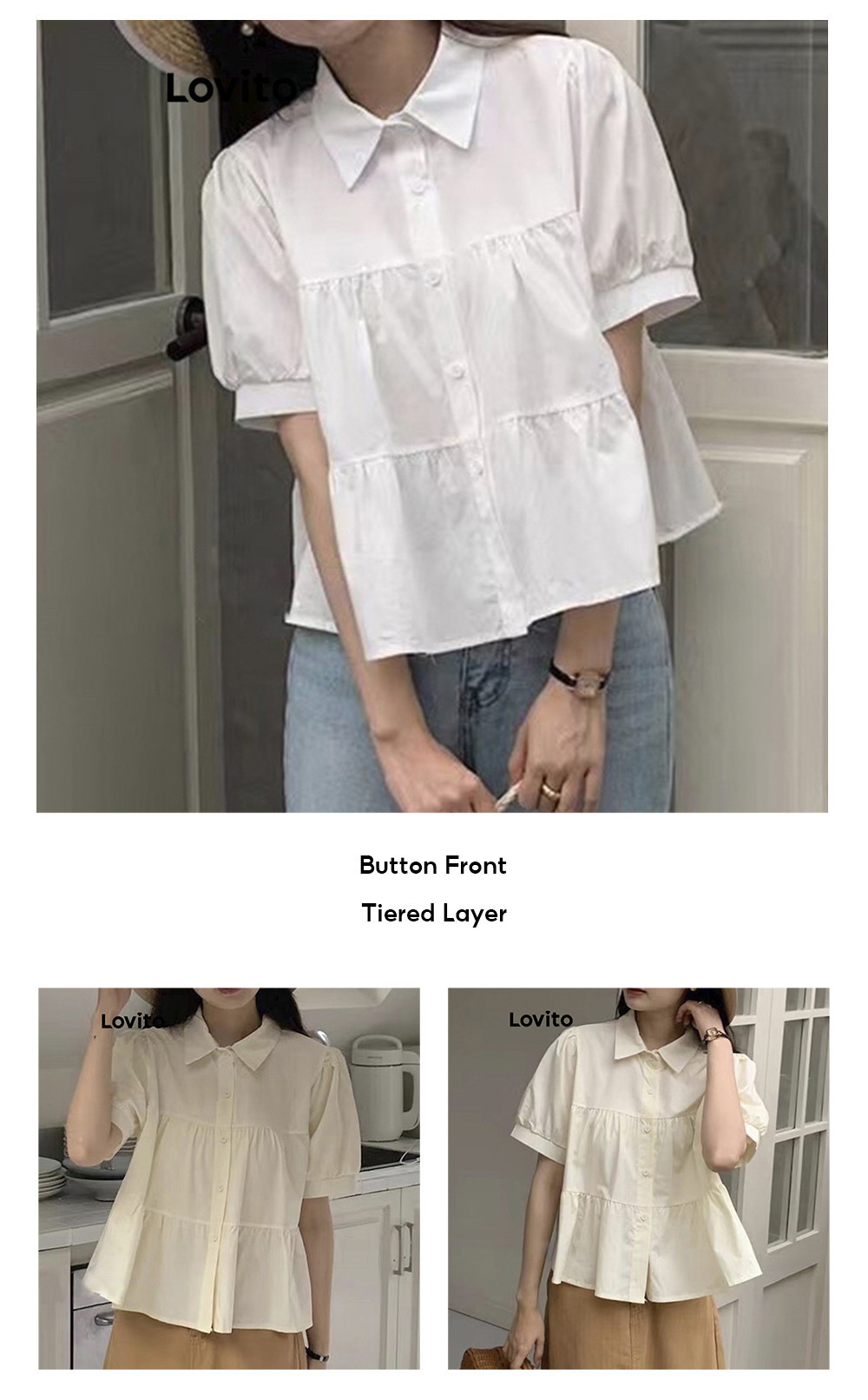 Lovito Women Button front Tiered Layer Blouses LNA20193 | Shopee ...