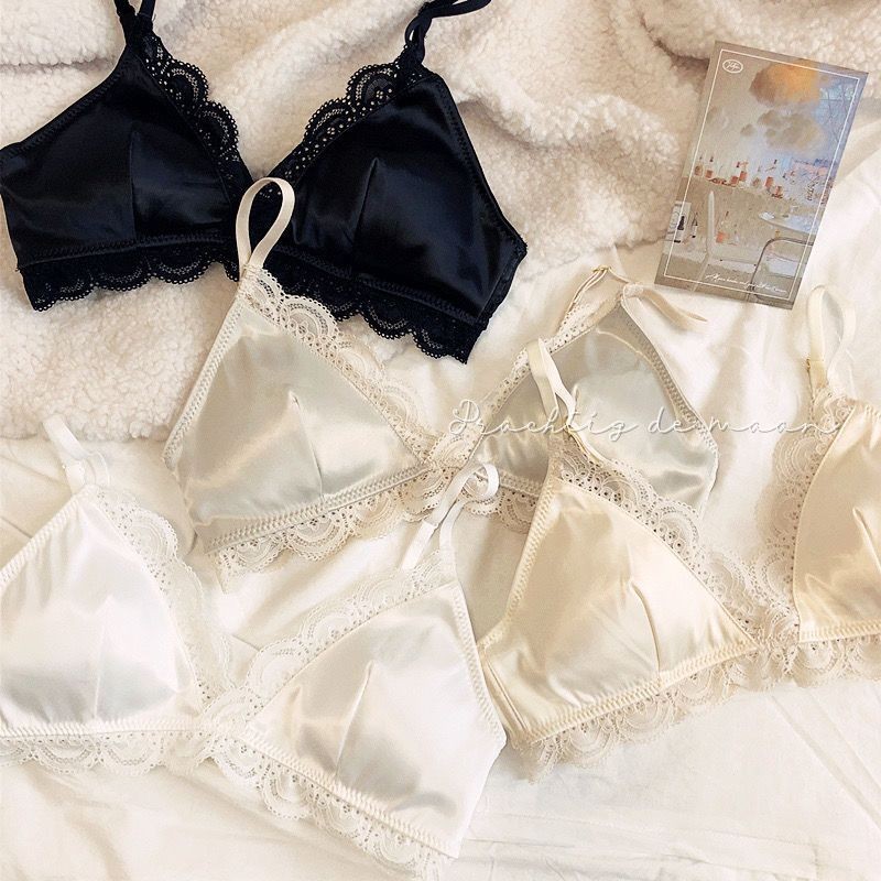 French Sexy Lace Triangle Cup Top Support Gathering Thin Wireless ...