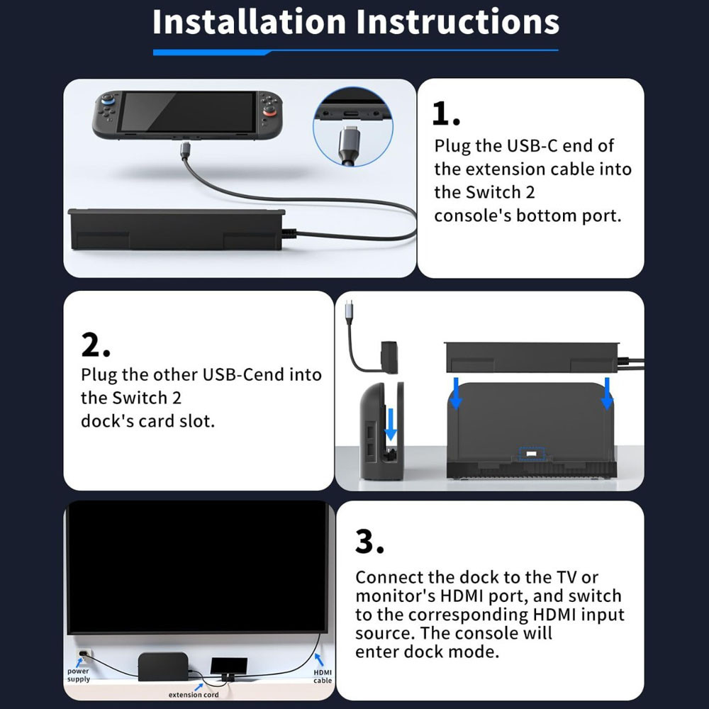 Extender Cable Replacement for Nintendo Switch 2 Dock, USB-C Fast ...