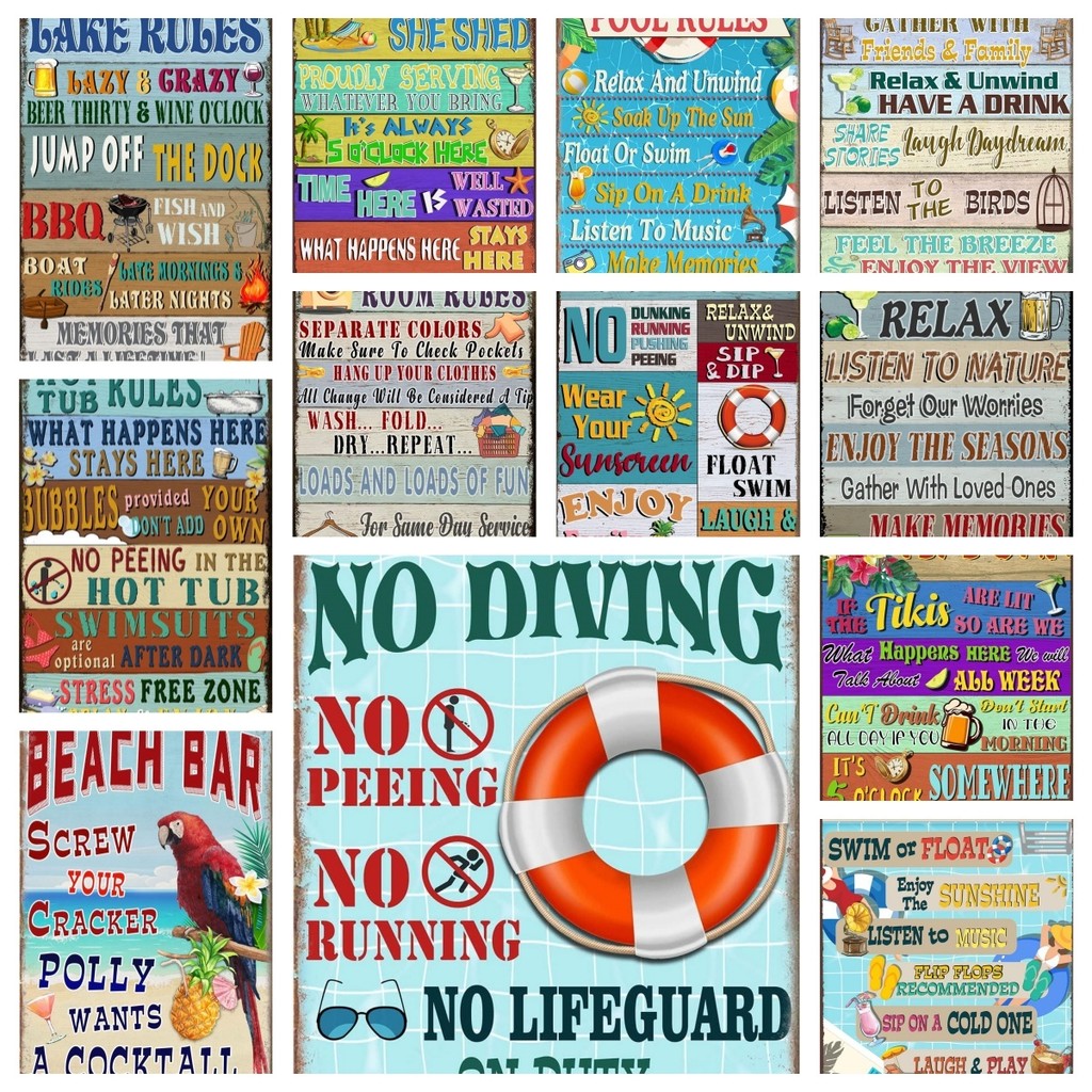 Metal Sign Poster Pool Rules Swim at Your Own Risk Wall Art Funny ...